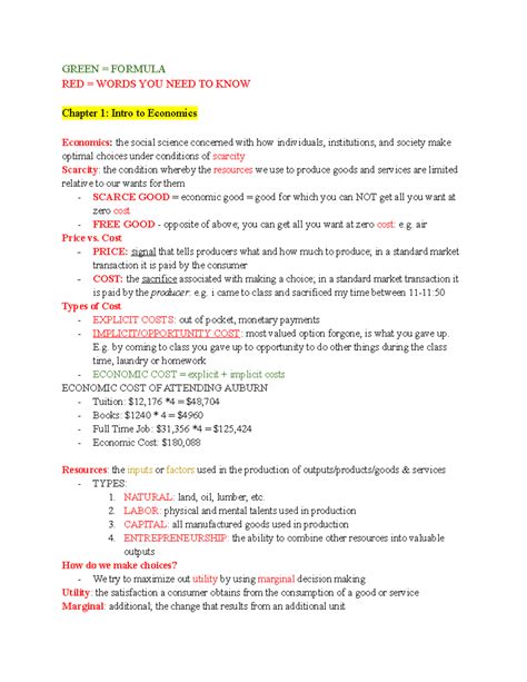 Econ 2020 Exam 1 Notes Green Formula Red Words You Need To Know Chapter 1 Intro To