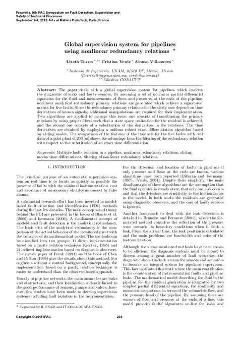 Pdf Global Supervision System For Pipelines Using Nonlinear Redundancy Relations