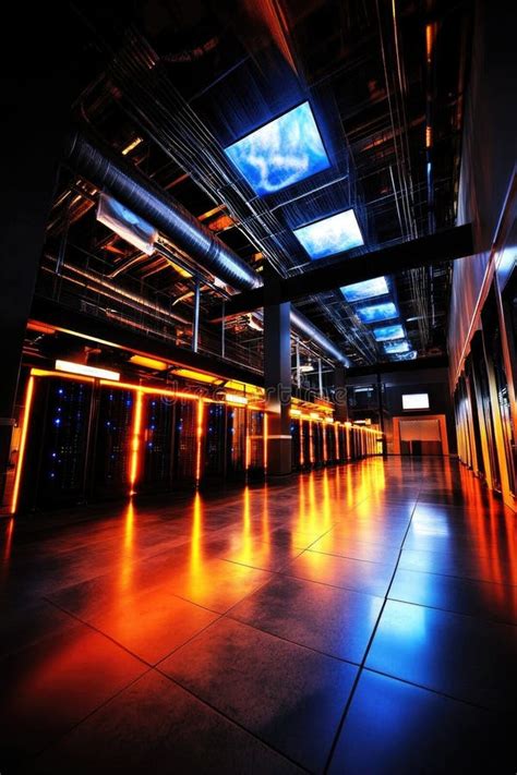 High Tech Data Center With Illuminated Servers And Futuristic Ceiling