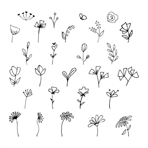 Floral Hand Drawn Doodles Set Isolated Doodles Flowers And Leafs