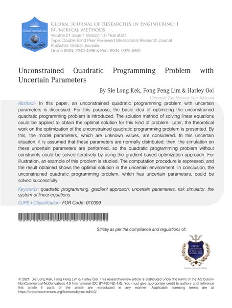 Pdf Unconstrained Quadratic Programming Problem With Uncertain Parameters