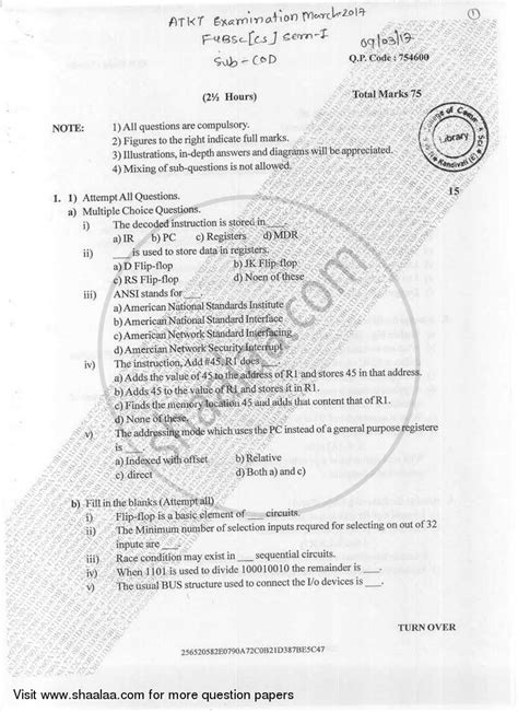 Computer Organization And Design 2016 2017 Bsc Computer Science Semester 1 Fybsc Question