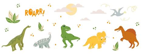벡터 비행 공룡 익룡 스피노사우루스 티라노사우루스 포식자 및 귀여운 초식 공룡 공룡 브라키오사우루스 트리케라톱스 스테고사우루스