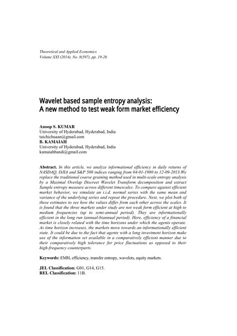 Pdf Wavelet Based Sample Entropy Analysis A New Method To Test Weak Form Market Efficiency