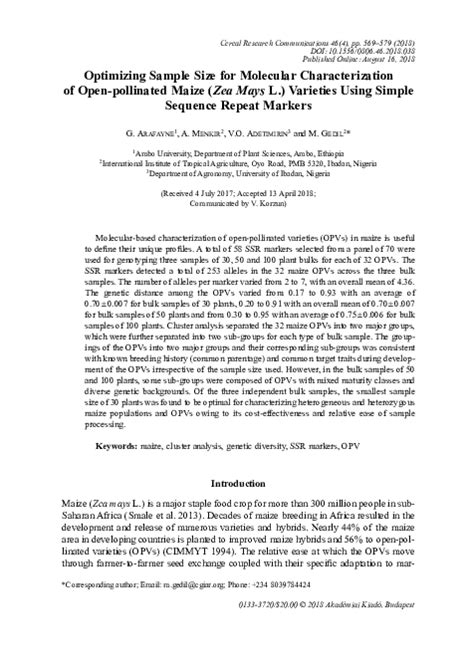 Pdf Optimizing Sample Size For Molecular Characterization Of Open Pollinated Maize Zea Mays L