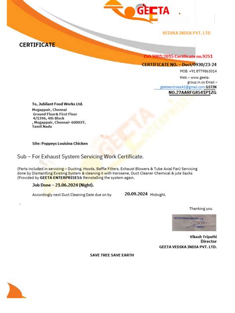 Ecr Duct Cleaning Certificate Pdf Pdf