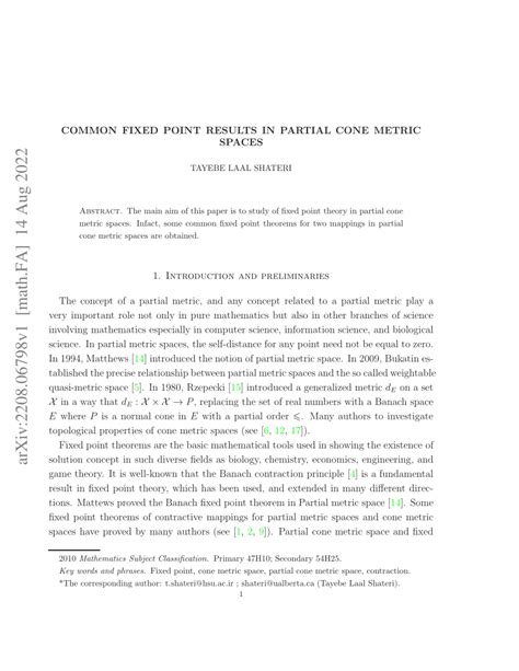 PDF Common Fixed Point Results In Partial Cone Metric Spaces