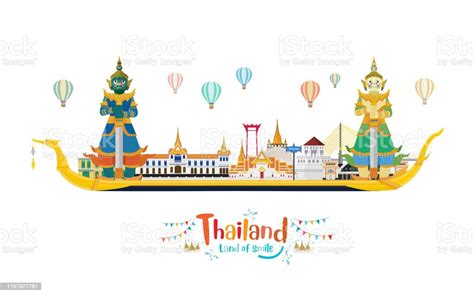 태국은 로얄 바지 선 수발나옹에 랜드 마크와 여행 장소와 가디언 자이언츠와 함께 여행 벡터 일러스트레이션 0명에 대한 스톡 벡터