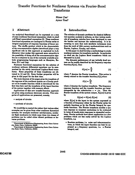 Pdf Transfer Functions For Nonlinear Systems Via Fourier Borel Transforms