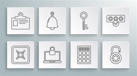 라인 금고 울리는 벨 노트북 및 잠금 장치 암호 보호 안전 액세스 콤비네이션 휠 키 및 식별 배지 아이콘을 설정합니다 벡터 0명에 대한 스톡 벡터 아트 및 기타 이미지
