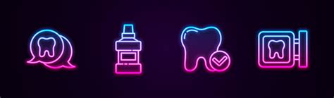 Set Line Gigi Botol Obat Kumur Konsep Pemutihan Dan Lokasi Klinik Gigi Ikon Neon Bercahaya