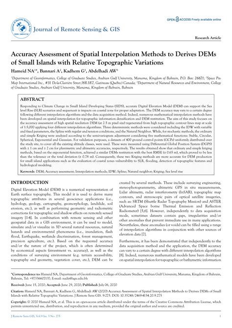 Pdf Accuracy Assessment Of Spatial Interpolation Methods To Derives Dems Of Small Islands With