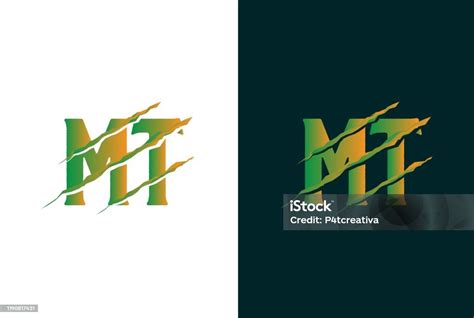 스크래치 효과가있는 녹색 그라데이션 Mt 문자 템플릿 로고 디자인 갈고리 발톱에 대한 스톡 벡터 아트 및 기타 이미지 갈고리