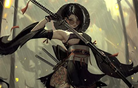 Wallpaper Girl Sword Fantasy Rain Hat Katana Tattoo Brunette For