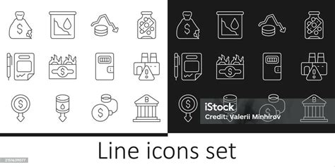 세트 라인 은행 건물 공장 폐쇄 달러 비율 인하 불타는 달러 지폐 계약 돈과 펜 돈 가방 감옥 문 및 드롭 원유 가격 아이콘 벡터 가격에 대한 스톡 벡터 아트 및 기타