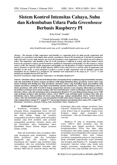 Pdf Sistem Kontrol Intensitas Cahaya Suhu Dan Kelembaban Udara Pada Greenhouse Berbasis
