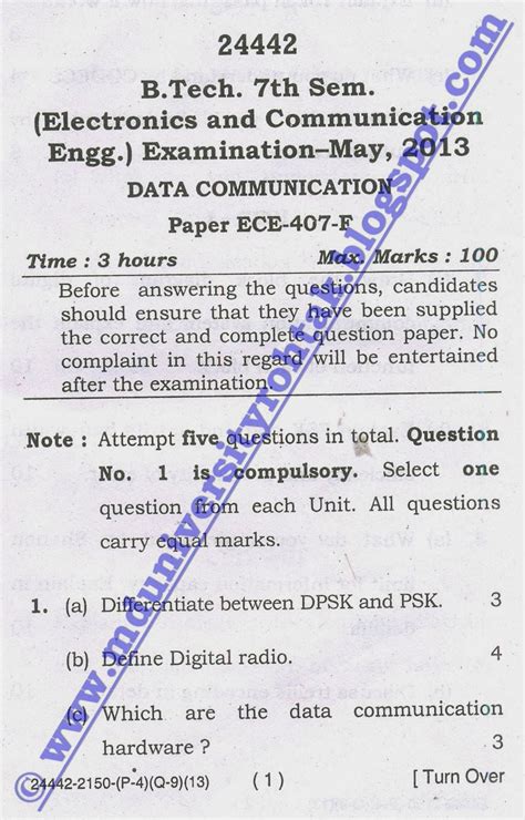 Data Communication Previous Year Paper July 2013 BTech 7th Semester