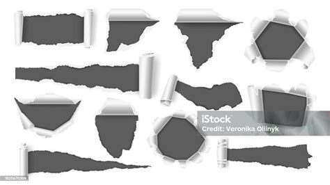 모서리가 말린 찢어진 용지 울퉁불퉁한 페이지 구멍 가장자리가 굴러간 찢어진 종이 사실적인 3d 벡터 세트 찢겨진에 대한 스톡 벡터 아트 및 기타 이미지 Istock