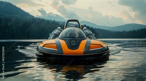 Advanced Propulsion System Of A Hovercraft Front View Hovercraft Gliding Over A Calm Lake