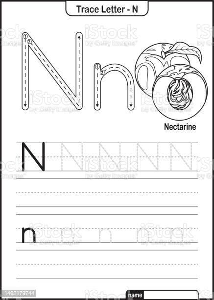 알파벳 추적 문자 A에서 Z 유치원 워크시트와 문자 N 천도 복숭아 프로 벡터 건강한 식생활에 대한 스톡 벡터 아트 및 기타