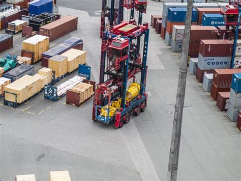 Aerial Bird View Photo Of Railroad Container Terminal With Train Loaded With Containers By
