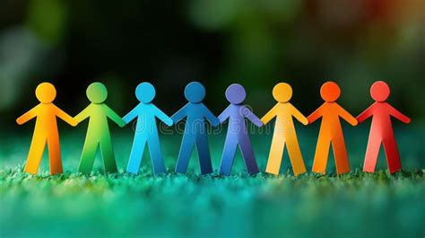 Colorful Paper Cutout Figures Holding Hands In Row Symbolizing Unity And Diversity Stock