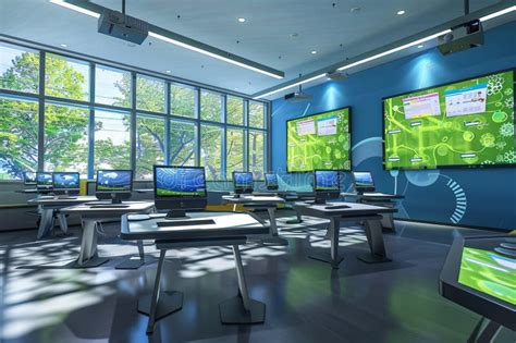 A Contemporary Classroom Featuring Interactive Panels And Ai Assistants Creating A Modern And