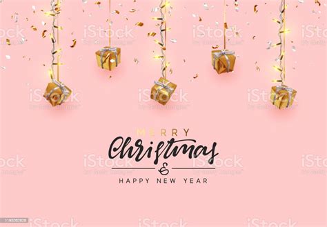 크리스마스 배경입니다 황금 색종이로 흩어져 사실적인 선물 상자와 빛 화환에 매달려 Xmas 디자인 수제 서예 문자 메리 크리스마스와 새해 복 설초 텍스트입니다 2020년에