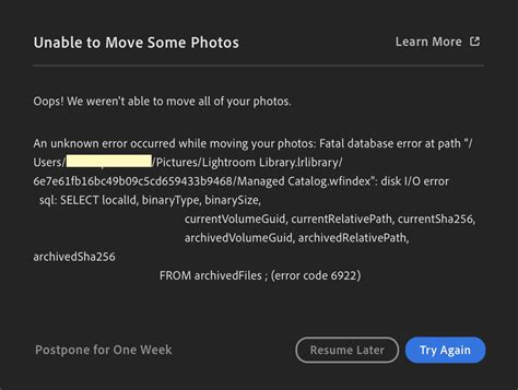Unable To Move Some Photos Fatal Database Error Adobe Product Community 14309707
