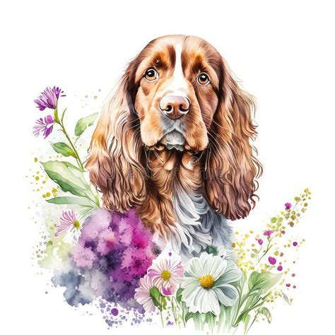 English Cocker Spaniel With Flowers Watercolor Hand Drawn Illustration