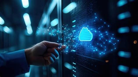 A Hand Activating A Digital Cloud Interface In A Modern Data Center Symbolizing Cloud Computing