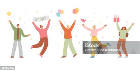 다채로운 색종이 벡터 플랫 일러스트레이션으로 휴가를 축하하는 손을 올리는 행복한 사람들의 그룹 여자는 고립 된 친구들과 재미있게 지내는 선물 상자를 들고 있습니다 풍선과