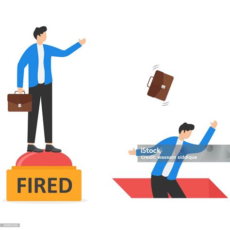 보스가 기구의 큰 레버를 당겨 여성 노동자를 해고한다 남자 직원이 구덩이에 빠지고 해고됩니다 직원 감축 실업 경제 위기 관리자가 직장에서 해고되었습니다 벡터 일러스트 레이