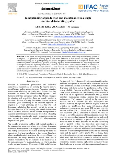 Pdf Joint Planning Of Production And Maintenance In A Single Machine Deteriorating System