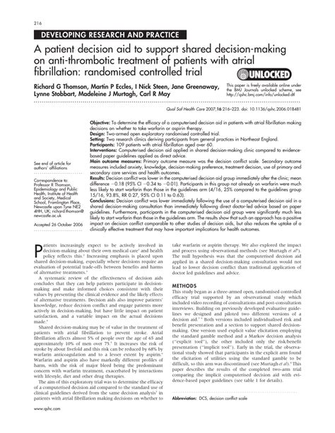 Pdf A Patient Decision Aid To Support Shared Decision Making On Anti