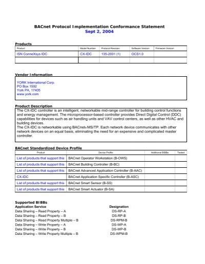 Bacnet Protocol Implementation Conformance Statement