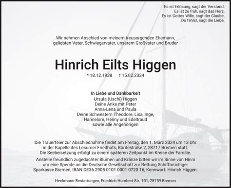 Traueranzeigen Von Hinrich Higgen Trauer And Gedenken