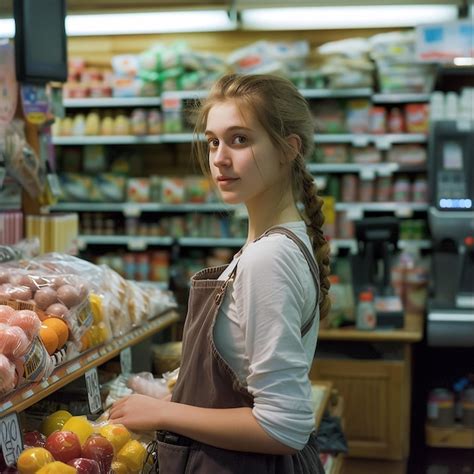 Premium Photo Sales Assistant In Supermarket Demonstrating Dairy