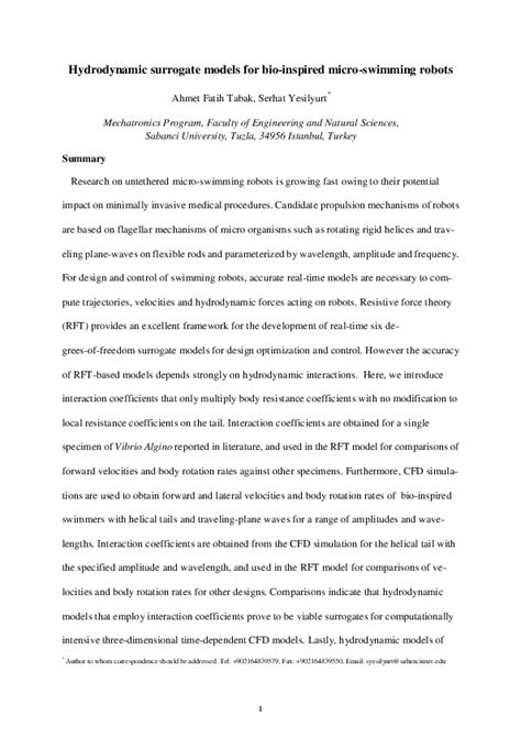 Pdf Hydrodynamic Surrogate Models For Bio Inspired Micro Swimming Robots