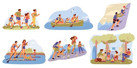 여름 가족 야외 활동 평면 벡터 일러스트 레이 션 세트 가족이 달리기 캠핑 하이킹 카누 서핑 등산하는 장면 여름 캠프에 대한