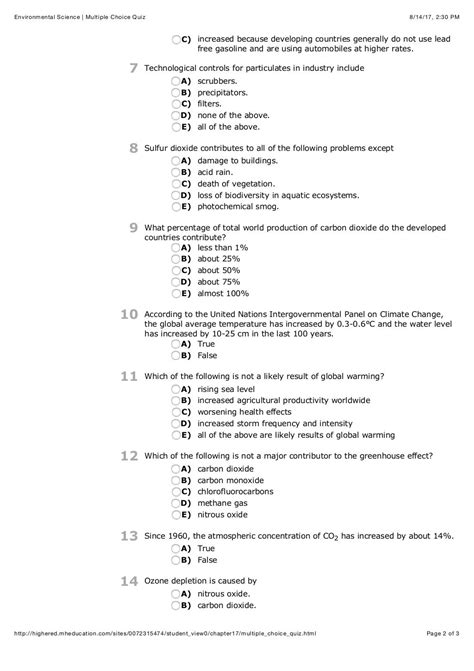 Environmental Science Multiple Choice Quiz