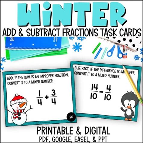 Winter Adding And Subtracting Fractions Task Cards Curious Classroom