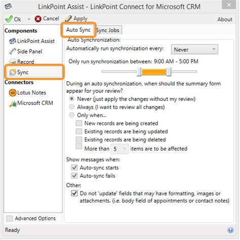 Configuring LinkPoint Connect Auto Sync Settings IBM Notes MS