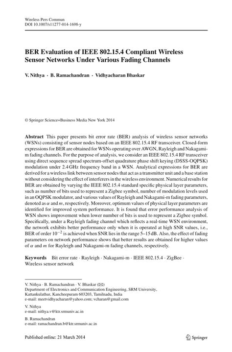 Pdf Ber Evaluation Of Ieee 802154 Compliant Wireless Sensor Networks Under Various Fading