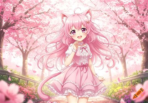 Cute Anime Cat Girl With Pink Hair Ears Tail And A Pink Dress