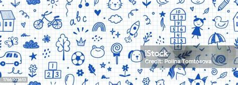 유치원 낙서 벡터 배경입니다 손으로 그린 낙서 스타일 어린이 귀여운 원활한 패턴 유치원 벽지 장난감 자동차 집 요소와 간단한 배경 어린이 교육 벡터 0명에 대한 스톡 벡터