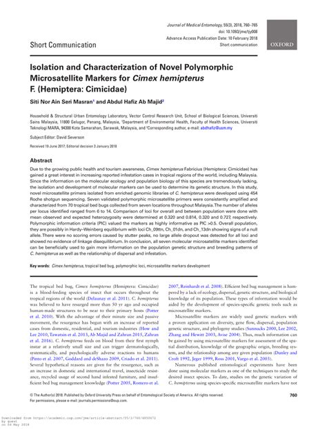 Pdf Isolation And Characterization Of Novel Polymorphic Microsatellite Markers For Cimex
