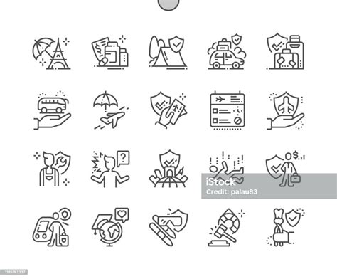 여행 보험 잘 만들어진 픽셀 완벽한 벡터 얇은 라인 아이콘 30 웹 그래픽 및 응용 프로그램을위한 그리드 2x 간단한 최소한의 그림 날기에 대한 스톡 벡터 아트 및 기타