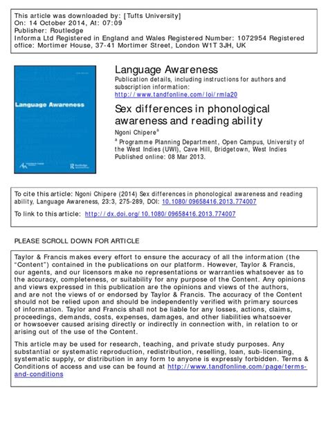 Sex Differences In Phonological Awareness And Reading Ability Pdf