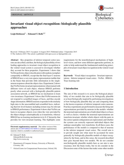 pdf invariant visual object recognition biologically plausible approaches